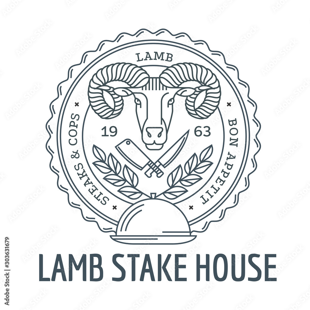 Emblem, badge with a RAM head in the style of linear engraving ...