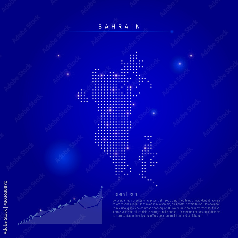 Bahrain illuminated map with glowing dots. Dark blue space background ...