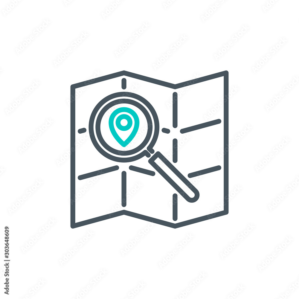 pointer cursor with magnifier glass outline flat icon map. Single ...