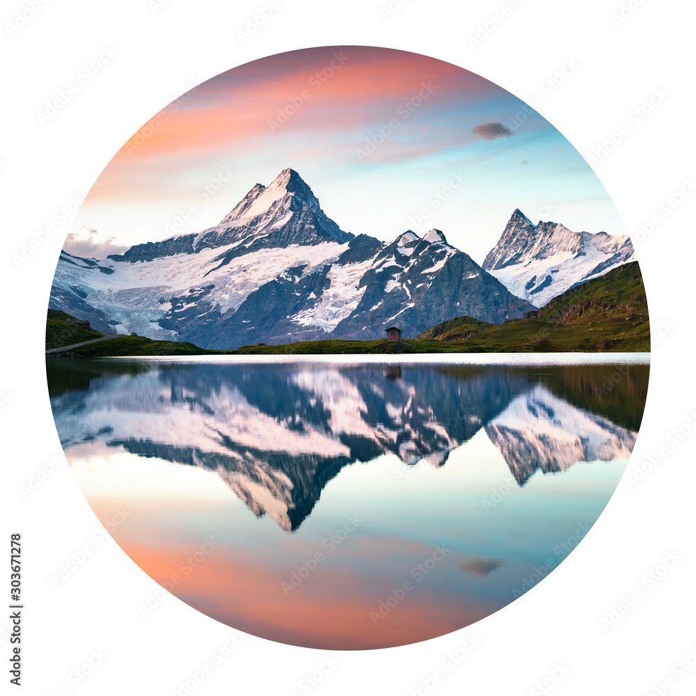 Round icon of nature with landscape. Wetterhorn peak reflected in water ...