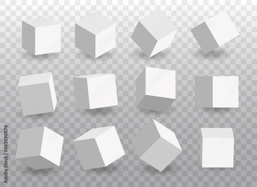 Set of white vector 3d cubes. Cube icons in a perspective. Geometric ...