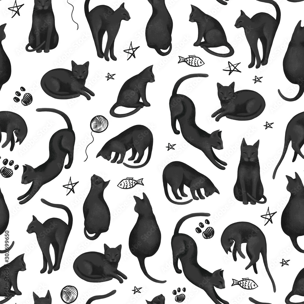 Animalistic seamless pattern. Beautiful black cats in different poses ...
