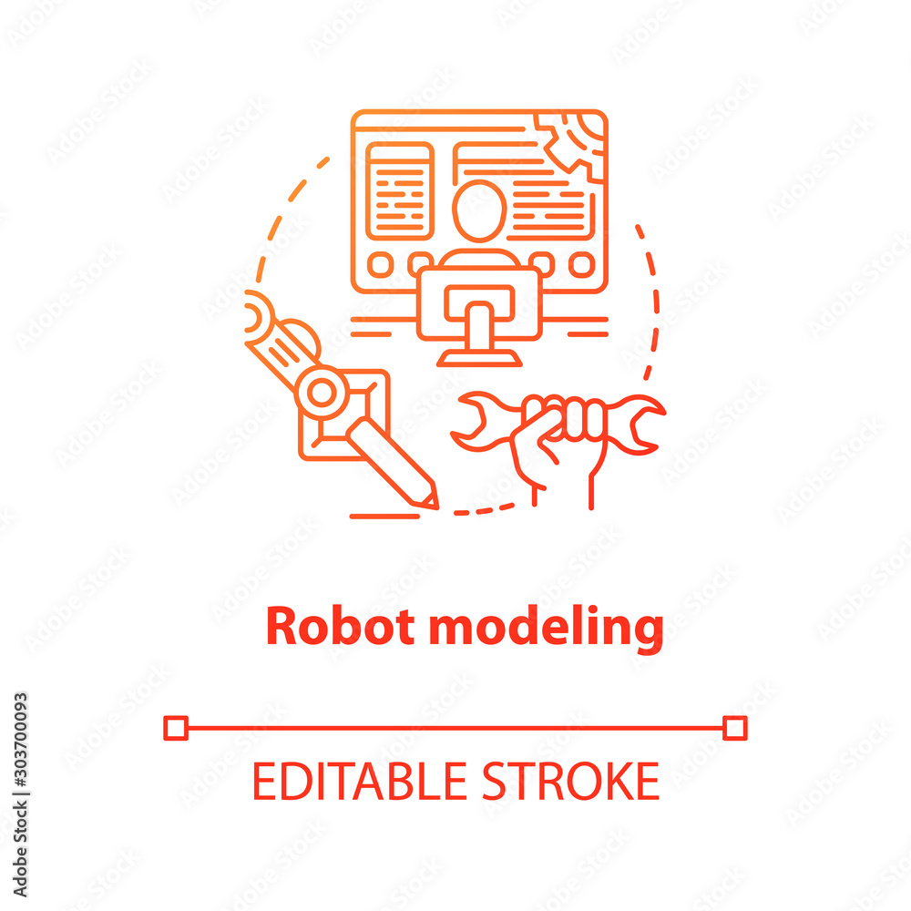 Robot modeling red concept icon. Creating computers idea thin line ...