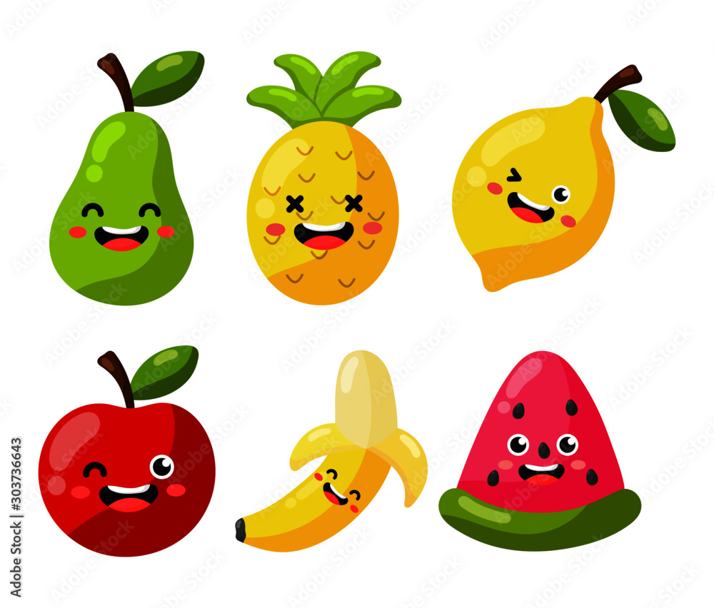 set of cartoon tropical fruit characters kawaii style isolated on white ...