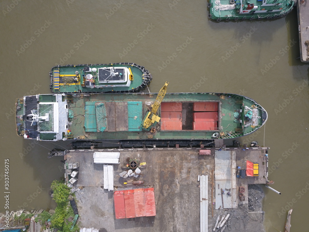 A top down view of a ships and vessels in a port or pier at Kuching ...