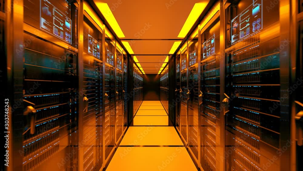 Server room corridor illuminated by orange light. Endless looping ...