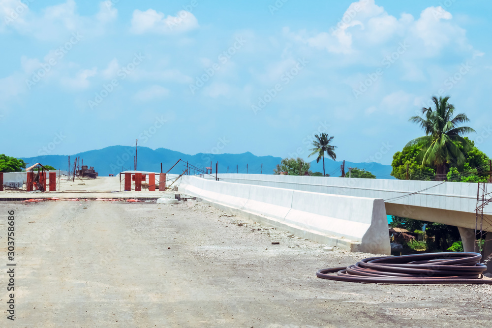 Unfinished of construction of the large concrete bridge of the motorway ...