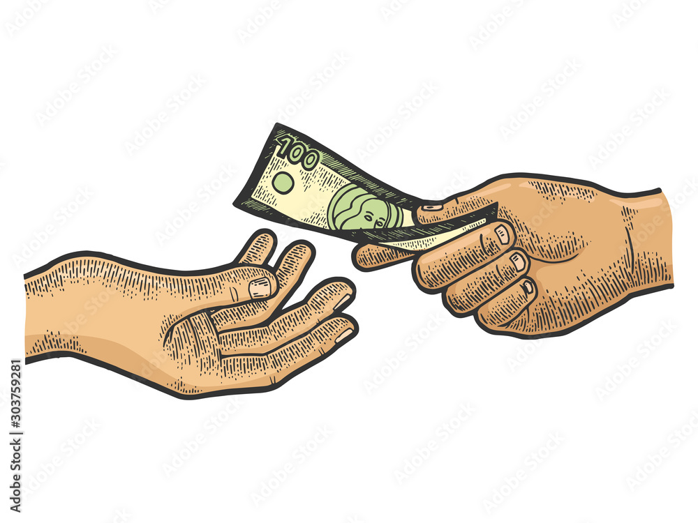 Hand gives dollar money sketch engraving vector illustration. Scratch ...