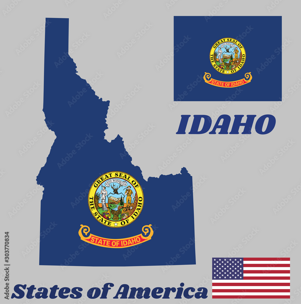 Map outline and flag of Idaho. State seal of Idaho on a field of blue ...