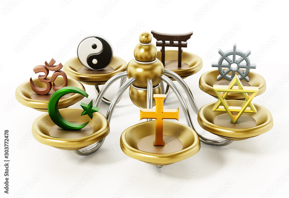 Spiritual and religious symbols isolated on white. 3D illustration ...
