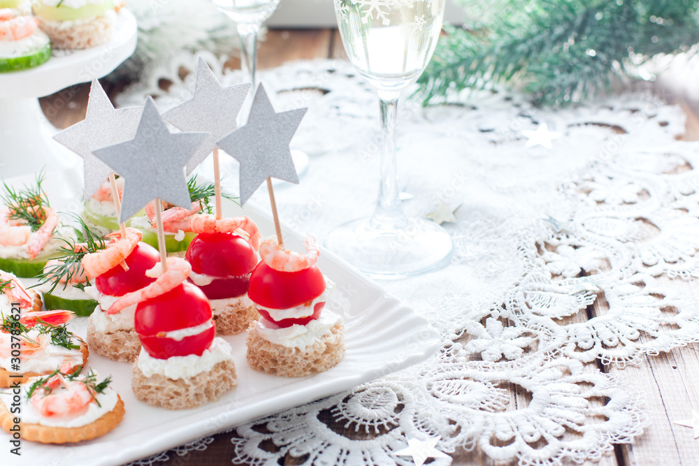 Assorted appetizers canapes with shrimps - with fresh cucumbers, cherry ...