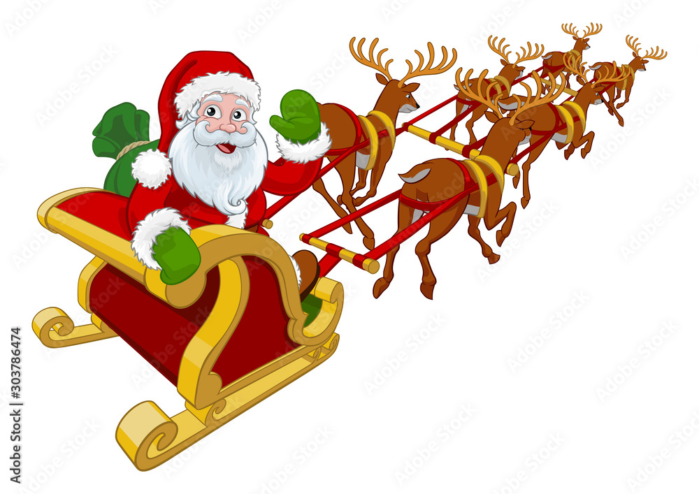Santa Claus In His Christmas Sleigh With Reindeer Flying Through The