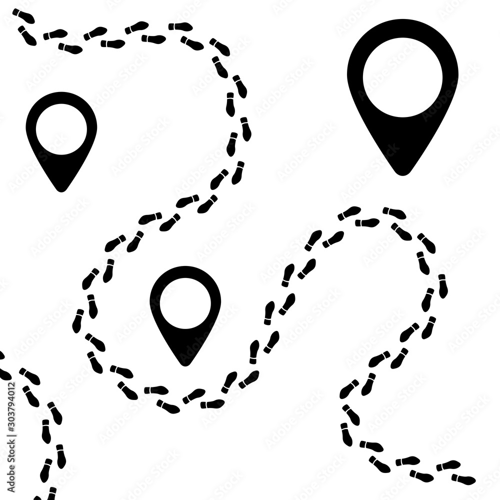 Human foot prints path with tag points. Traveler man boot steps ...