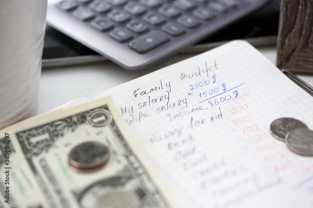 Notepad page with handwritten calculation of family budget Stock Photo ...