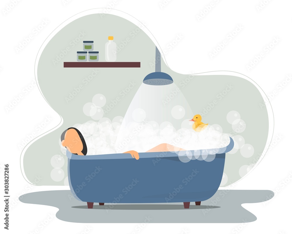 Woman Taking Bath In Bathroom With Rubber Duck Wash Head Hair Body