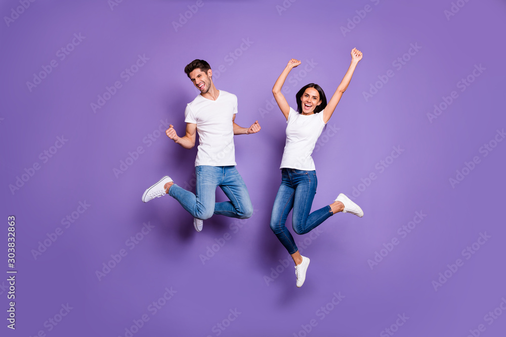 Full length body size photo of cheerful excited positive ecstatic ...