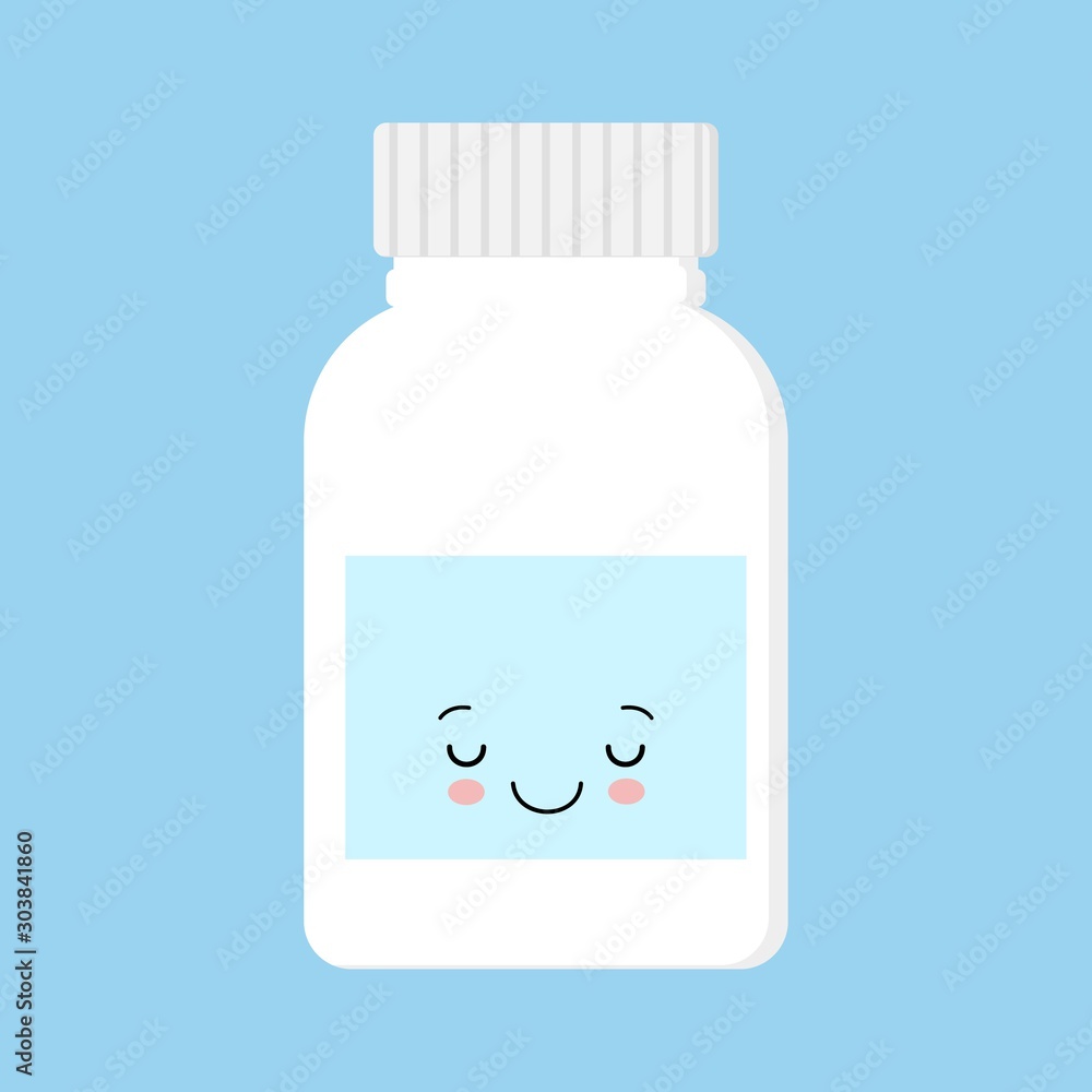 Cute kawaii happy smiling medicine pill capsule bottle. Vector flat ...