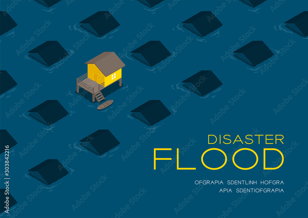 House living with boat 3d isometric pattern, Flood disaster concept ...