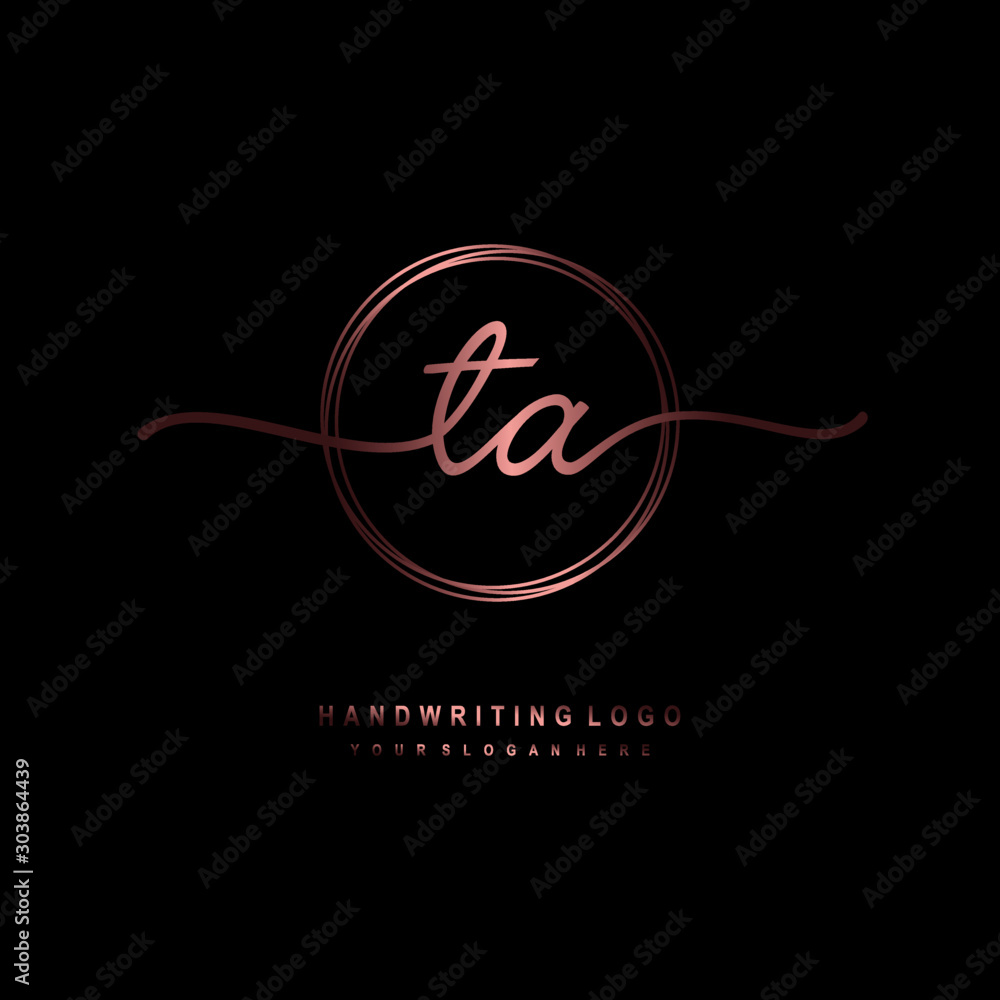 TA Initial handwriting logo design with circle lines dark pink ...