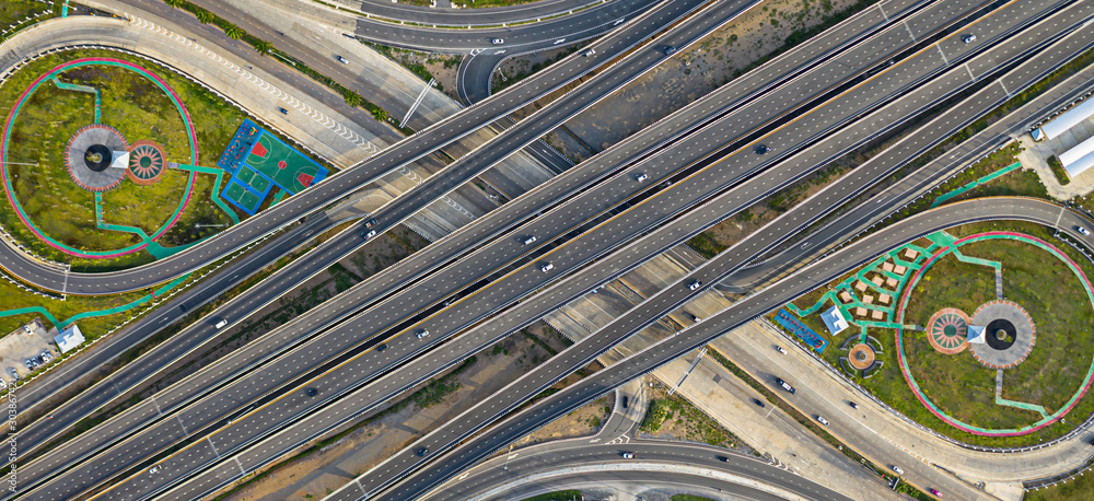 Aerial top view of highway, Transport city junction road with car on ...