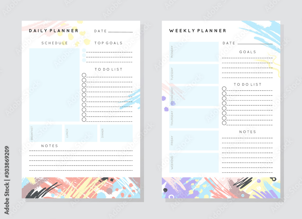 Vector planner templates with hand drawn shapes and textures in pastel ...