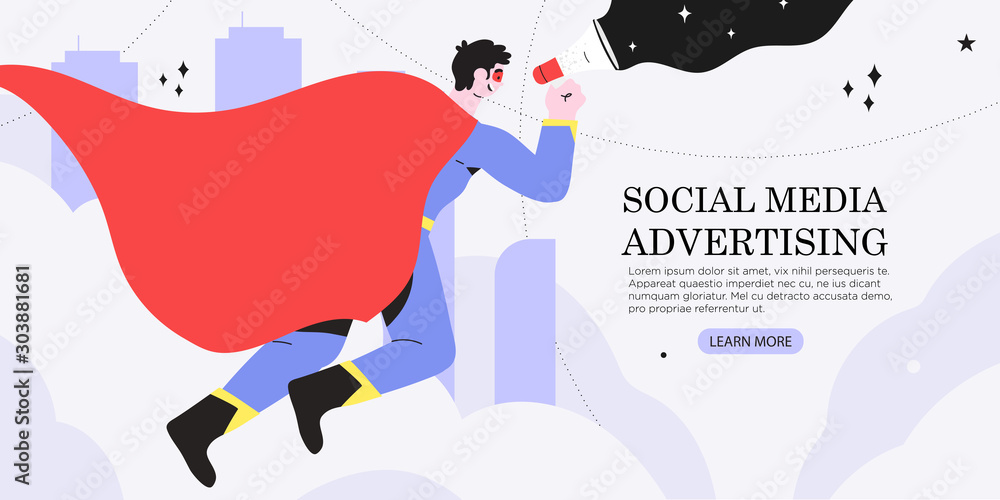 Vector illustration of a flying over city superhero with loud speaker ...