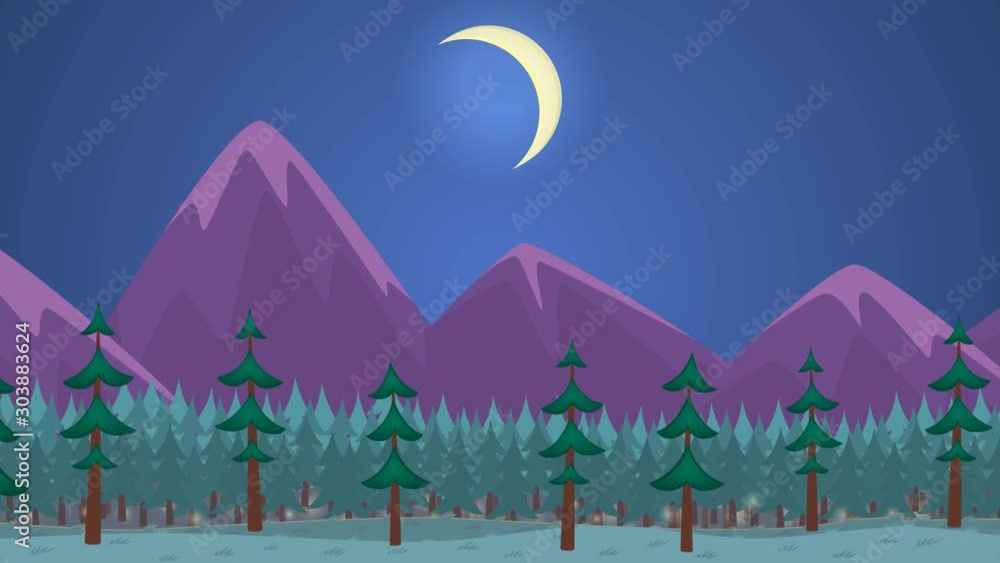 Looped landscape animation with mountains and forest landscape, cartoon ...