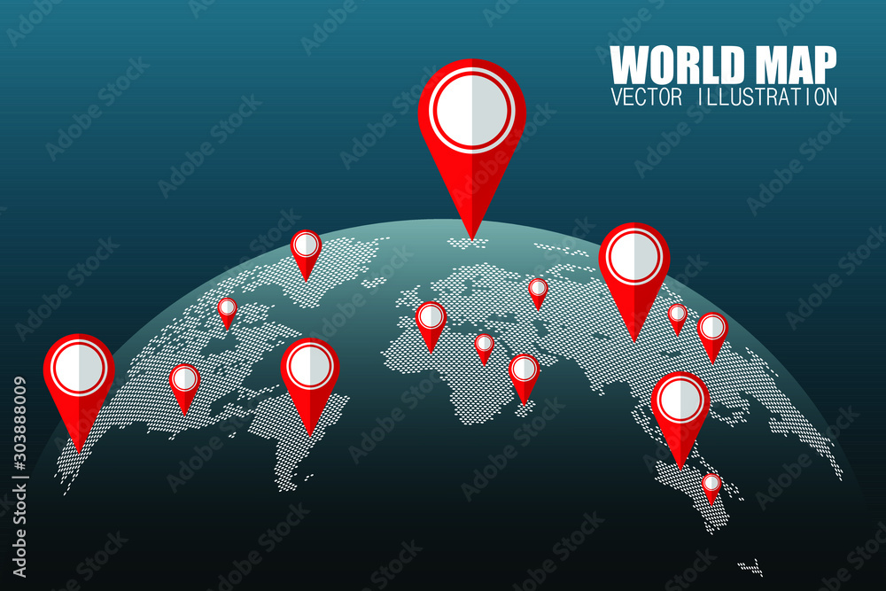 Dots world map with pins vector illustration isolated. Dots that ...