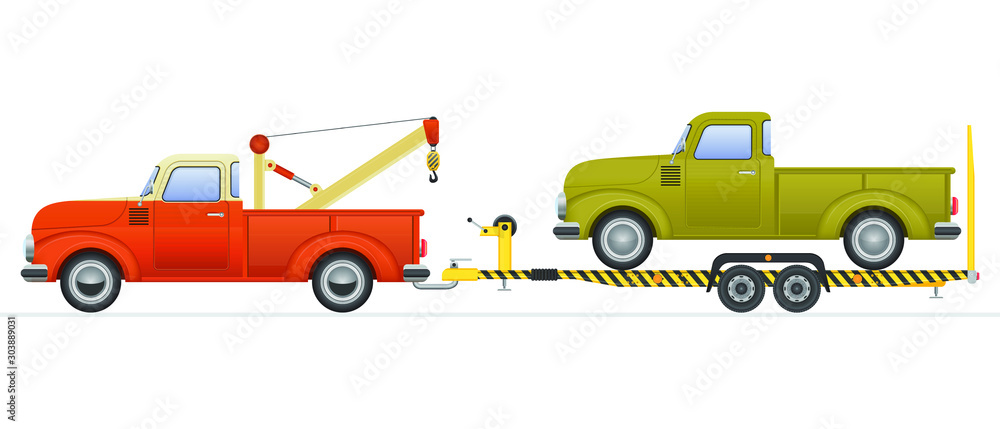 Pickup car and trailer for vehicle transportation. Vector illustration ...