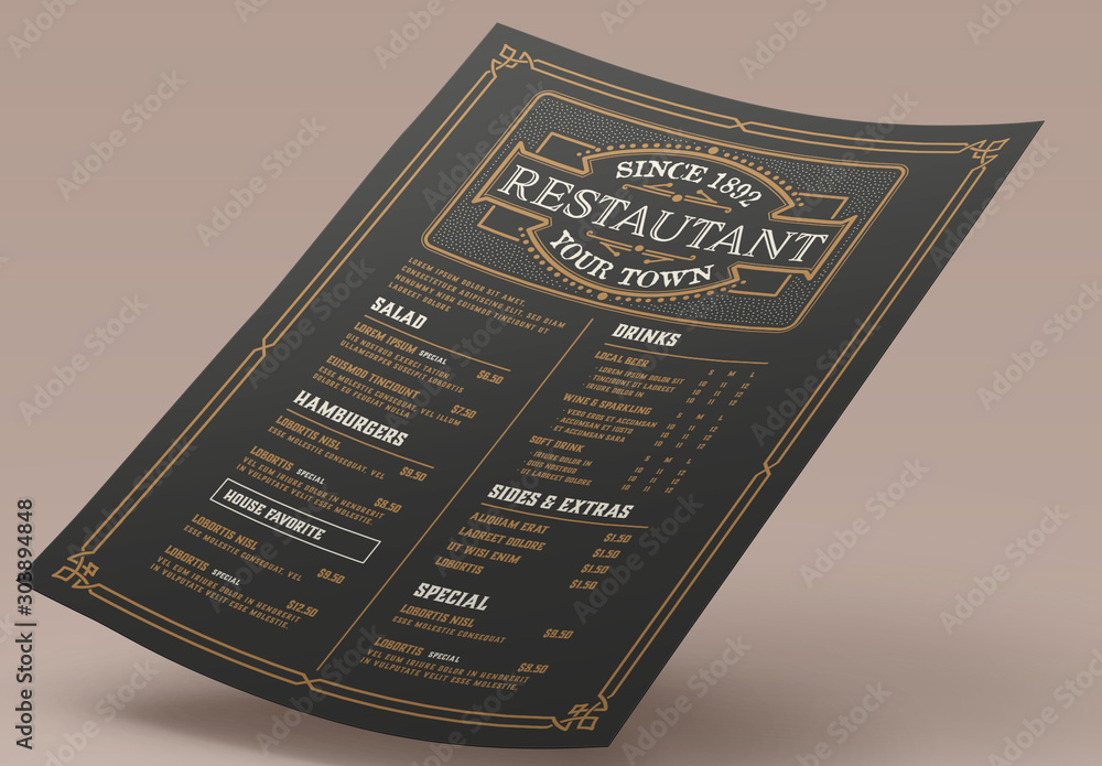 Restaurant Menu Layout with Ornamental Elements Stock Template | Adobe ...