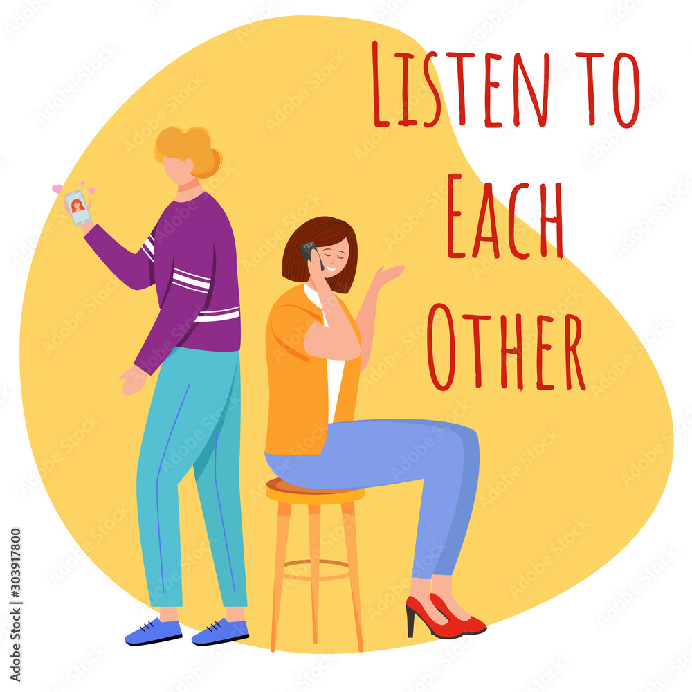 Listen to each other flat poster vector template. Cheating situation ...