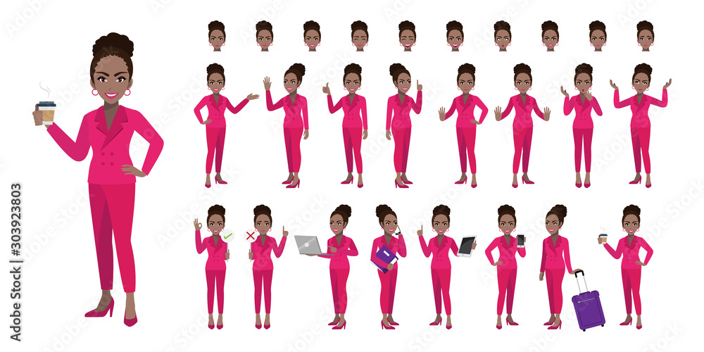 Businesswoman cartoon character set. African American businesswoman in ...