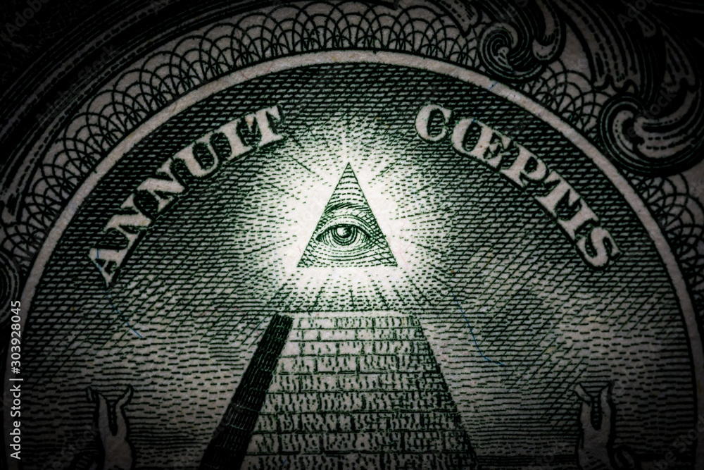 Pyramid macro close-up on a banknote of 1 US dollars. Detail of one ...