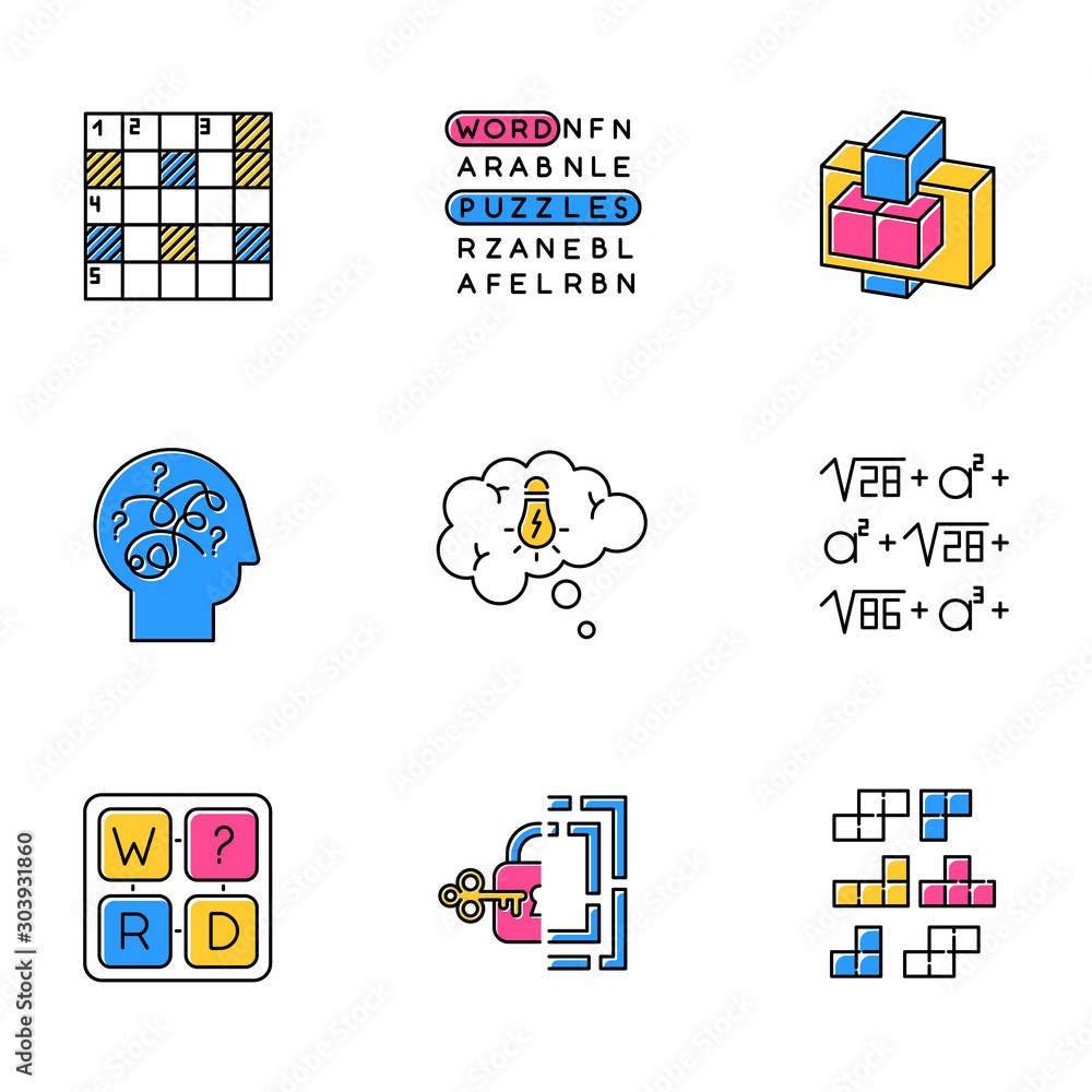 Puzzles and riddles color icons set. Construction, word puzzle ...