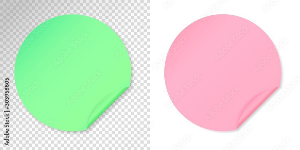 Round adhesive sticker with folded edge. Paper pink and green circle ...