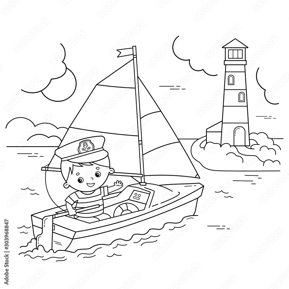 Coloring Page Outline of cartoon sail ship with sailor on the deck ...
