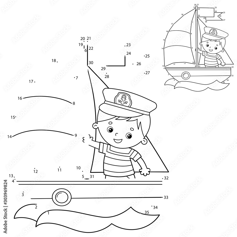 Puzzle Game for kids: numbers game. Cartoon sail ship with sailor on ...