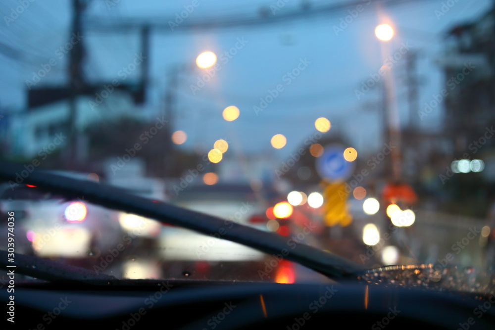 traffic jam on night road city with storm rainy day weather, car ...