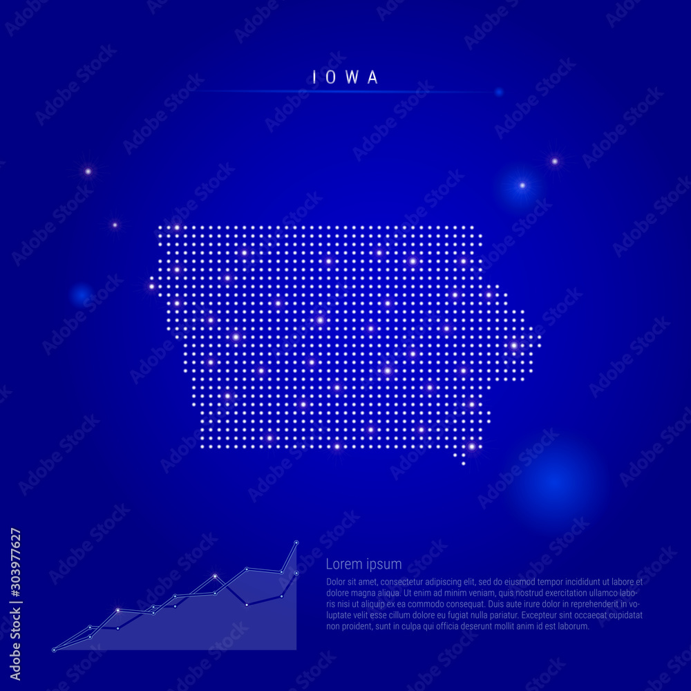 Iowa US state illuminated map with glowing dots. Infographics elements ...