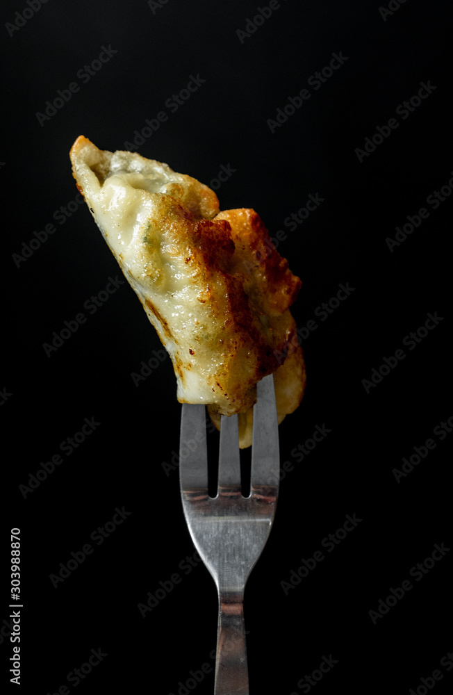One piece of Mandu or Gyoza in a fork with black background, chinese ...