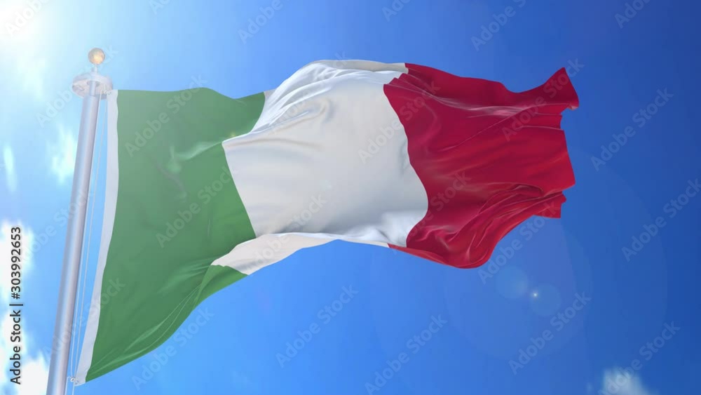 Italy animated flag in the wind with blue sky in the background, green ...
