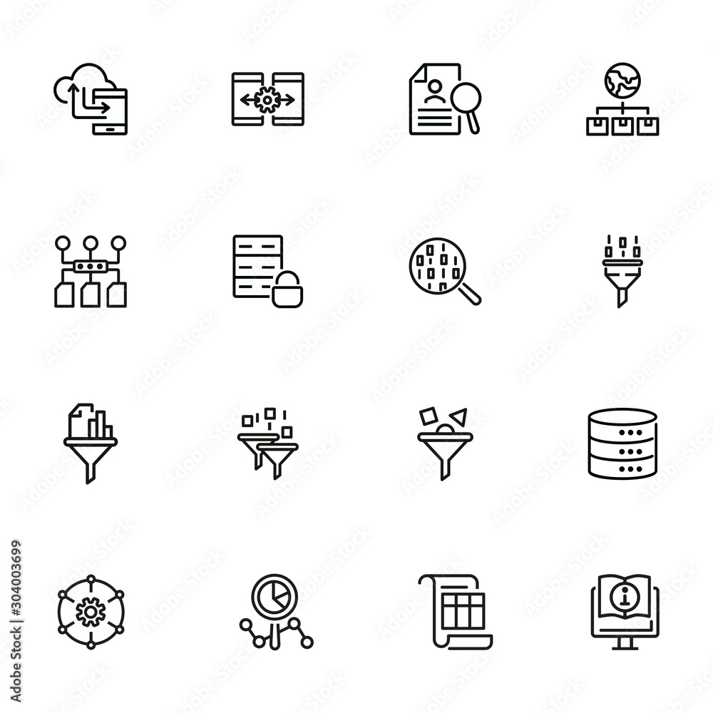 Data management line icon set. Binary code, structure, storage, filter ...