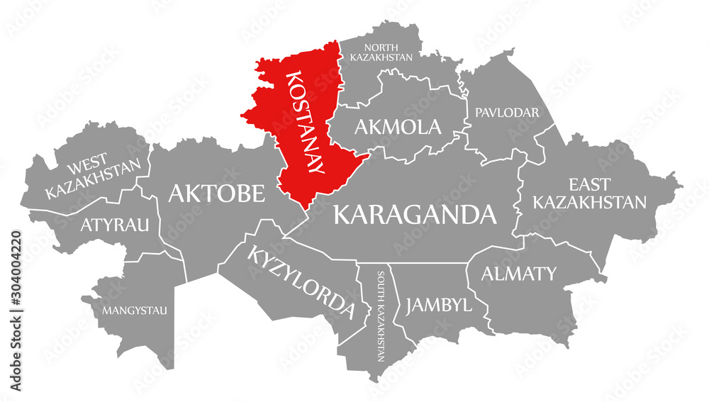 Kostanay red highlighted in map of Kazakhstan Stock Illustration ...