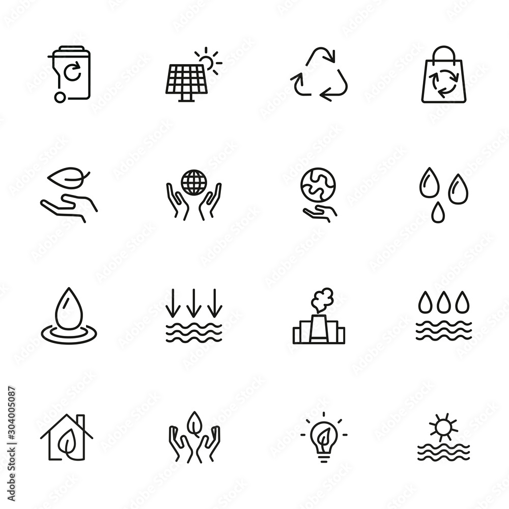 Environmental conservation icons. Recycling, air pollution, solar ...