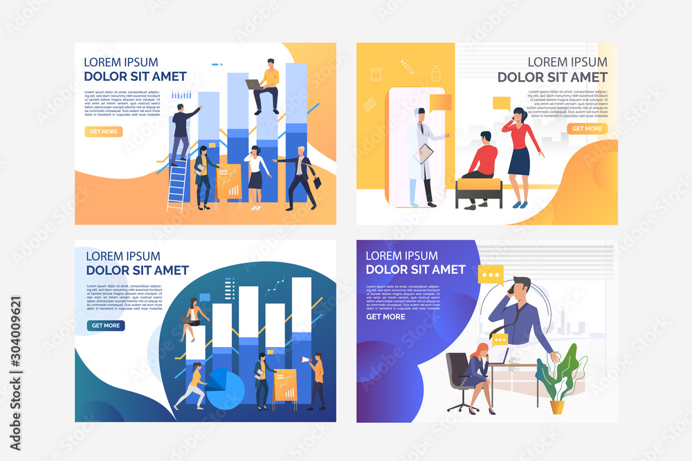 Professionals working on diagrams set. Patients consulting doctor ...