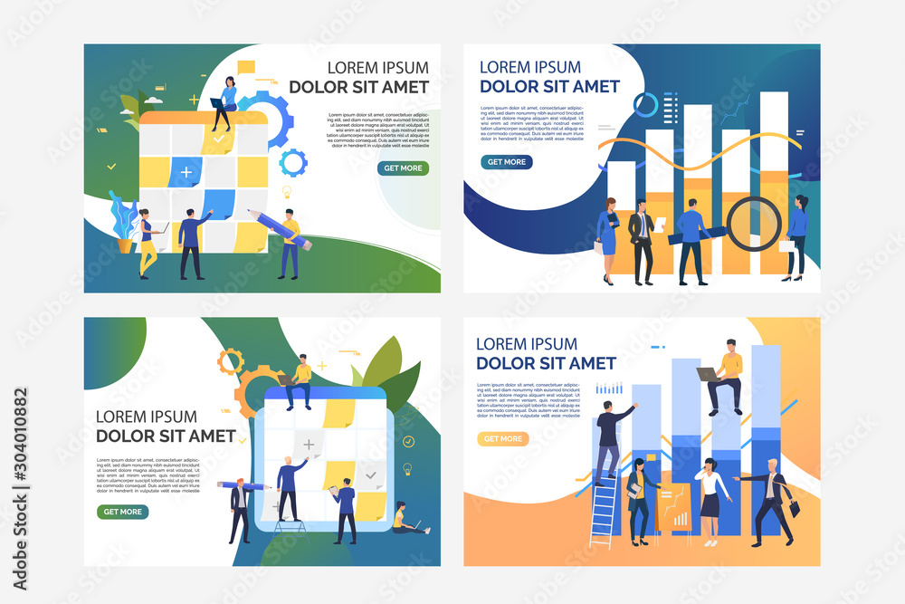 Collection of images with people planning and analysing market ...