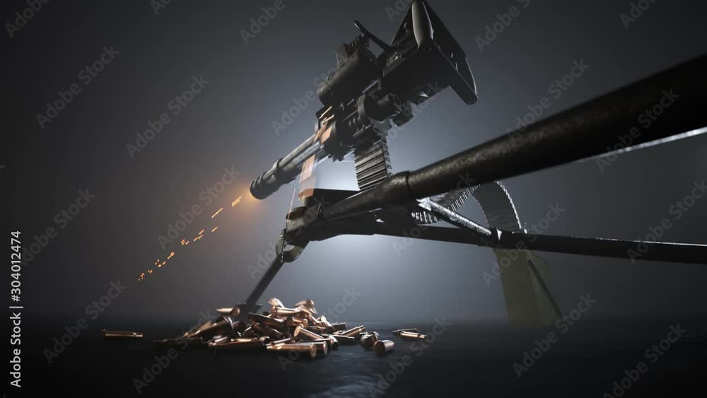 Minigun firing to the invisible target. Deadly firearm rapidly shooting ...