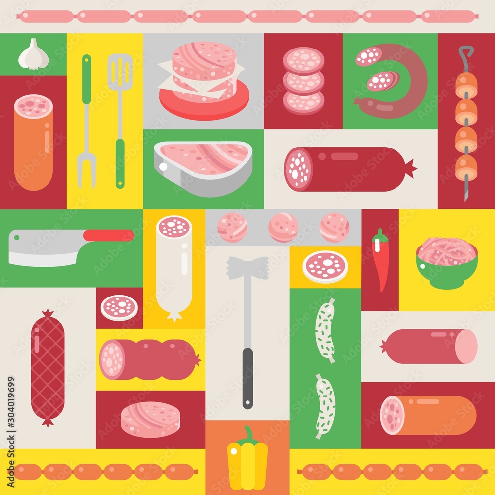 Butcher shop collage, set of icons with meat and sausages, vector ...