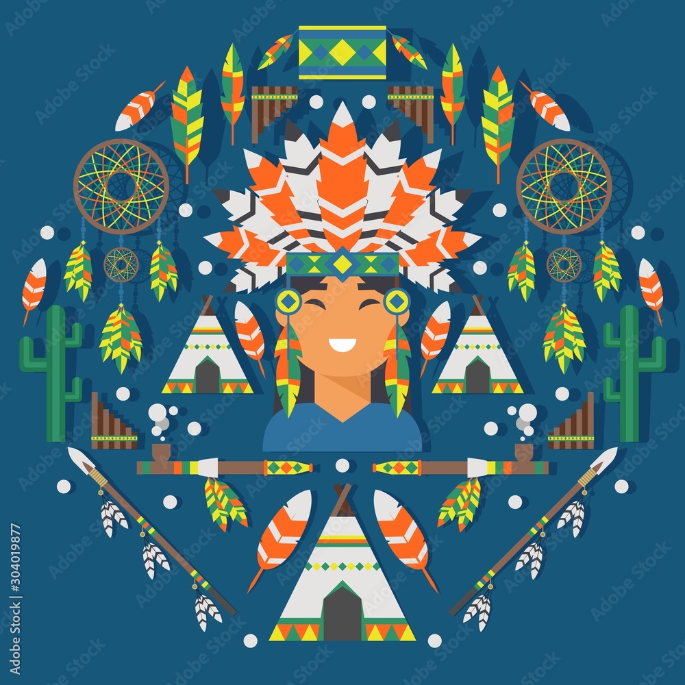 Native American flat style icons, vector illustration. Isolated symbols ...