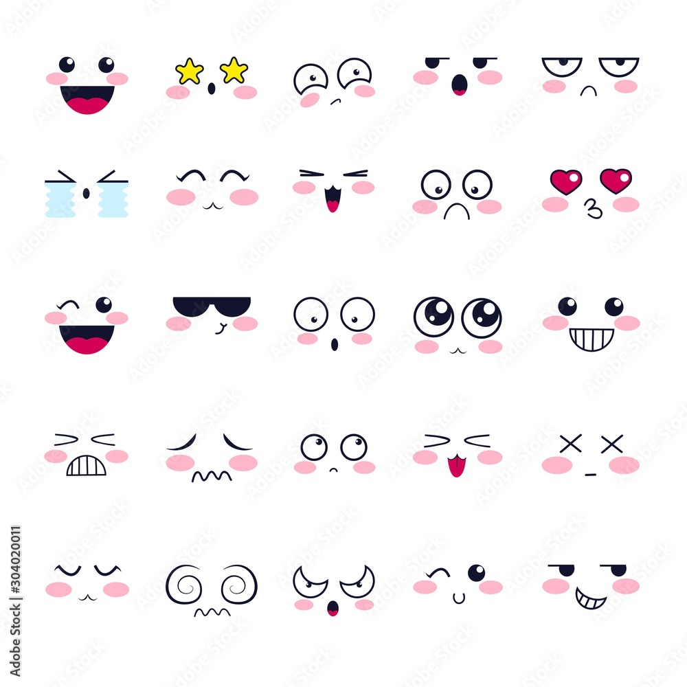 Kawaii cute emotions of different characters set vector illustration ...
